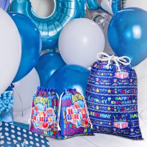 Chapou 4 Pcs Large Blue Happy Birthday Drawstring Gift Bags Reusable Fabric Wrap Bags 20 Inch Large 12 Inch Medium Birthday Treat Bags for Birthday Baby Shower Child's Gender Reveal Party