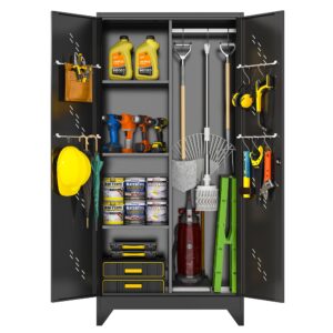 zonleson metal garage storage cabinet, kitchen pantry cabinet with doors and shelves, broom organizer storage tool racks,cleaning cabinet with stainless steel leak (h71* d16.53*l31.5in)