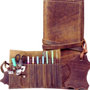 Madosh, Pencil Roll-Up Case,Genuine Leather Pen Holder,Paint Brush Pouch,Handcrafted Marker Organizer