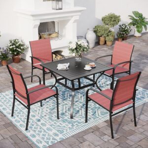 sunshine valley patio dining sets for 5 pcs,metal frame outdoor furniture lawn garden,patio dining sets,4 stable outdoor dining red chairs square dining table.