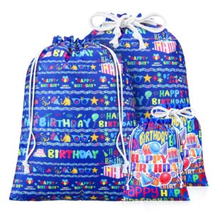 chapou 4 pcs large blue happy birthday drawstring gift bags reusable fabric wrap bags 20 inch large 12 inch medium birthday treat bags for birthday baby shower child's gender reveal party