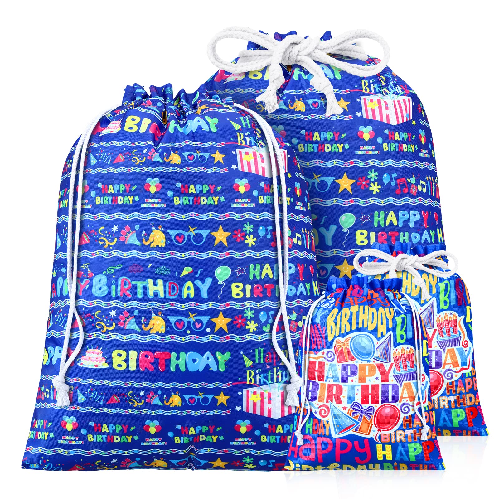 Chapou 4 Pcs Large Blue Happy Birthday Drawstring Gift Bags Reusable Fabric Wrap Bags 20 Inch Large 12 Inch Medium Birthday Treat Bags for Birthday Baby Shower Child's Gender Reveal Party