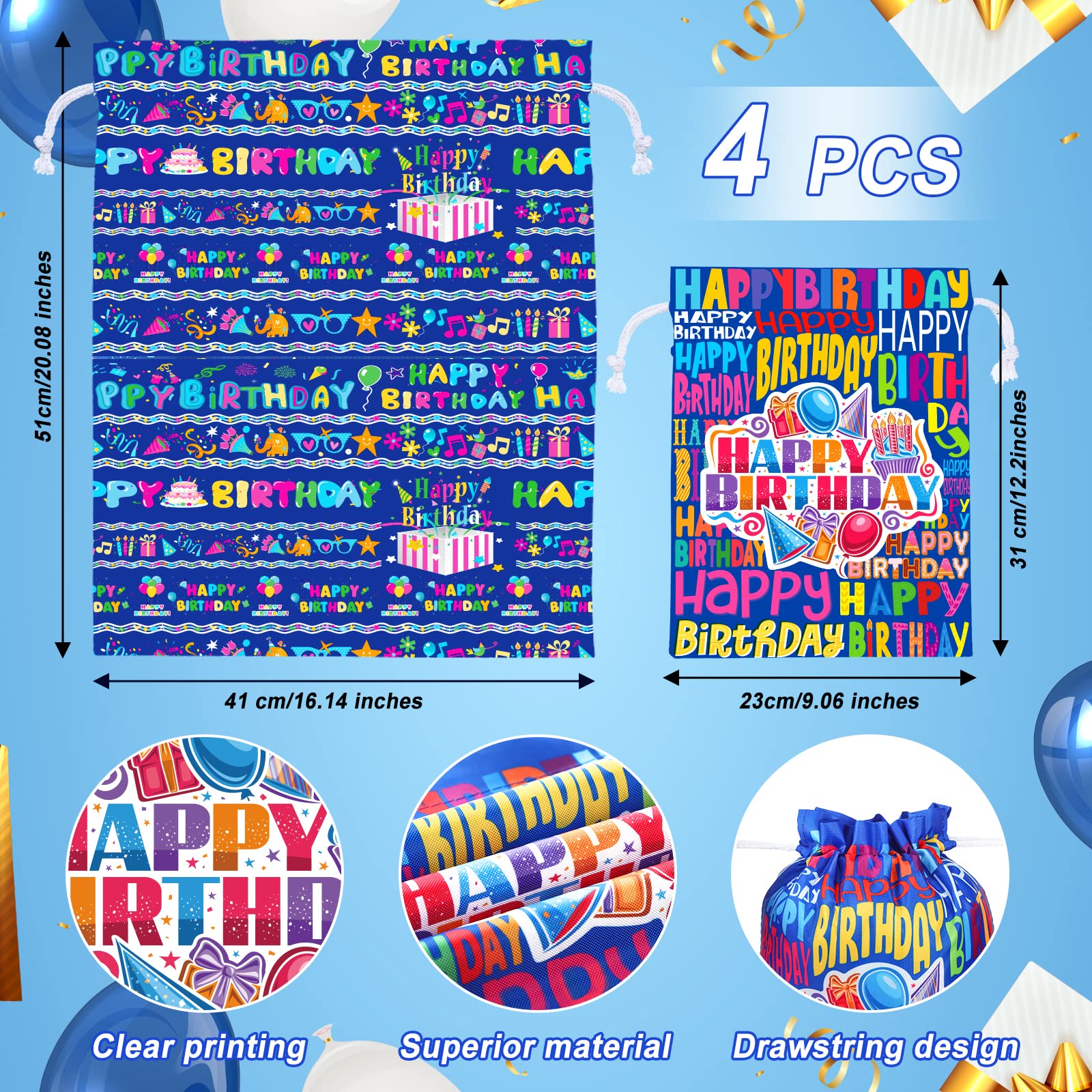 Chapou 4 Pcs Large Blue Happy Birthday Drawstring Gift Bags Reusable Fabric Wrap Bags 20 Inch Large 12 Inch Medium Birthday Treat Bags for Birthday Baby Shower Child's Gender Reveal Party