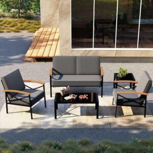 shintenchi 5 piece outdoor patio furniture set, metal sofa conversation set, including loveseat, two single chairs and two coffee tables for backyard, patio, balcony, poolside (dark grey)