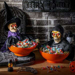 roshtia 2 pcs halloween candy bowl animated skeleton and witch candy bowl with led eyes and creepy sound scary trick or treat bowl skull screaming candy holder for prank props party decorations