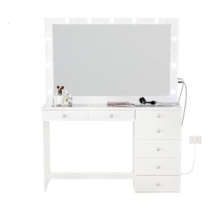 boahaus serena large makeup vanity with hollywood lights built-in, 7 drawers, hollywood mirror, hairdryer hanger, glass top, crystal ball knobs, white vanity makeup desk for bedroom, 58''hx47''wx17''d