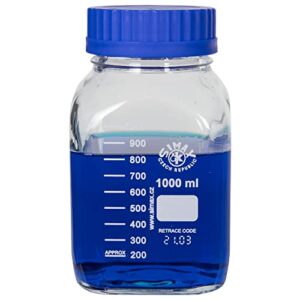 united scientific™ simax bswm1000 gl80 leakproof media/storage bottles, wide mouth, square, 3.3 borosilicate glass, 1000ml (1l), 1 each