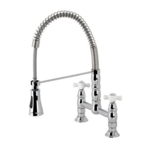 kingston brass heritage two-handle deck-mount pull-down sprayer kitchen faucet polished chrome polished