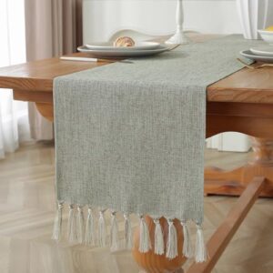 laolitou green table runners 72 inches long for home decor, boho farmhouse spring table runner, burlap linen style rustic dining table decor long, 13x72 inches, sage green