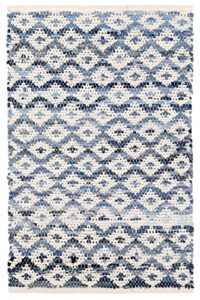 dash and albert denim rag diamond ivory handwoven cotton rug, 3 x 5 feet, blue geometric pattern