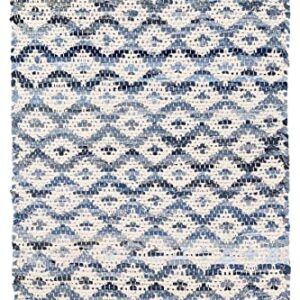 Dash and Albert Denim Rag Diamond Ivory Handwoven Cotton Rug, 3 X 5 Feet, Blue Geometric Pattern