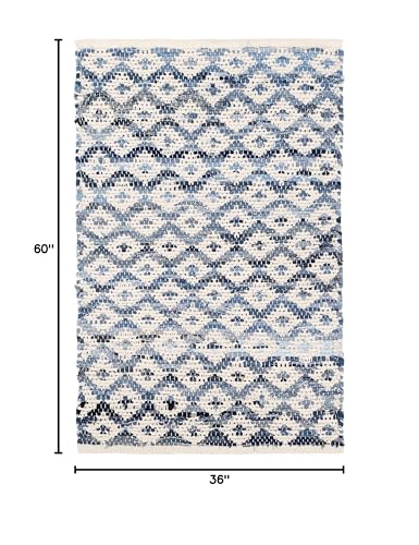 Dash and Albert Denim Rag Diamond Ivory Handwoven Cotton Rug, 3 X 5 Feet, Blue Geometric Pattern