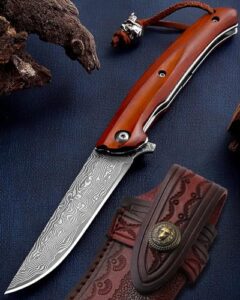 omesio damascus folding pocket knife with leather sheath, handcrafted 5-inch damascus steel hunting knife with vg10 core, wooden handle, edc japanese knife with liner lock for outdoor survival camping