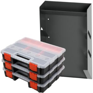 hanging tote kit for van shelving storage,3 plastic storage box with accompanied bya convenient set of hanging organizer holders specialized storage for small parts, screws, and hardware