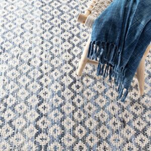 Dash and Albert Denim Rag Diamond Ivory Handwoven Cotton Rug, 3 X 5 Feet, Blue Geometric Pattern