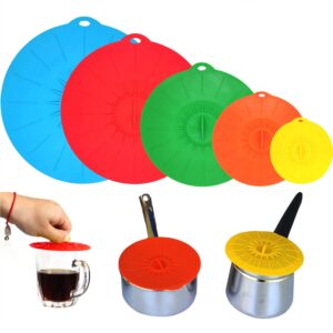 set of 5 silicone lids,heat resistant, microwave splatter covers, reusable food suction lids for cups, bowls, plates, pots, pans, skillets, stovetops, ovens, l, xl) bpa-free -multicolor