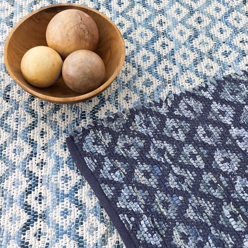 Dash and Albert Denim Rag Diamond Ivory Handwoven Cotton Rug, 3 X 5 Feet, Blue Geometric Pattern