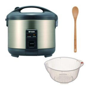 tiger jnp-s55u 3-cup capacity white rice cooker with spatula and measuring cup bundle with rice washing bowl and bamboo spoon (3 items)