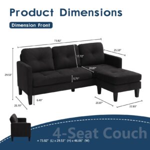 JOVNO Convertible Sectional Sofa Couch, Modern L-Shaped Couch 3-Seat Sofa, Reversible Sectional for Living Room, Apartment and Small Space (Black)