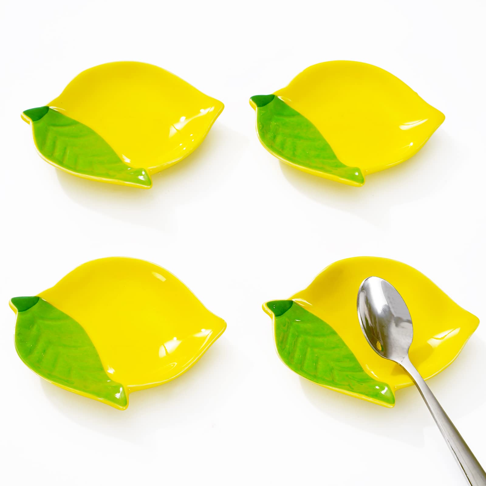 Whaline 4Pcs Lemon Coffee Spoon Rest Summer Ceramic Teaspoon Holder Lemon Shaped Sauce Dishes Dipping Bowl Lemon Ring Dish for Summer Holiday Lemon Party Kitchen Office Home Decor