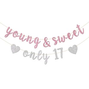 innoru young & sweet only 17 banner - happy 17th birthday party decor for girls - cheers to 17 years party decorations supplies, pink & silver glitter