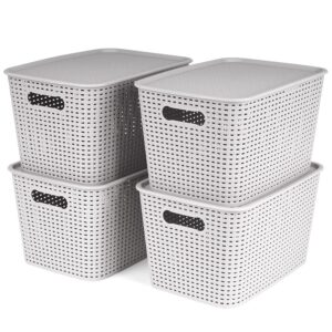 ollic plastic bins large storage with lids | korean organizer bin basket set for organizing baskets in closet and home (gray, large_4pk)