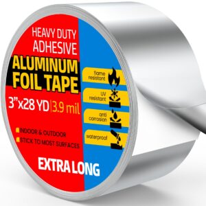 alium 3 inch (28yd) aluminum foil duct tape heavy duty, very sticky, easy to manipulate, 3.9 mil thick silver tape weather resistant for indoor outdoor use, heat resistant hvac tape, waterproof