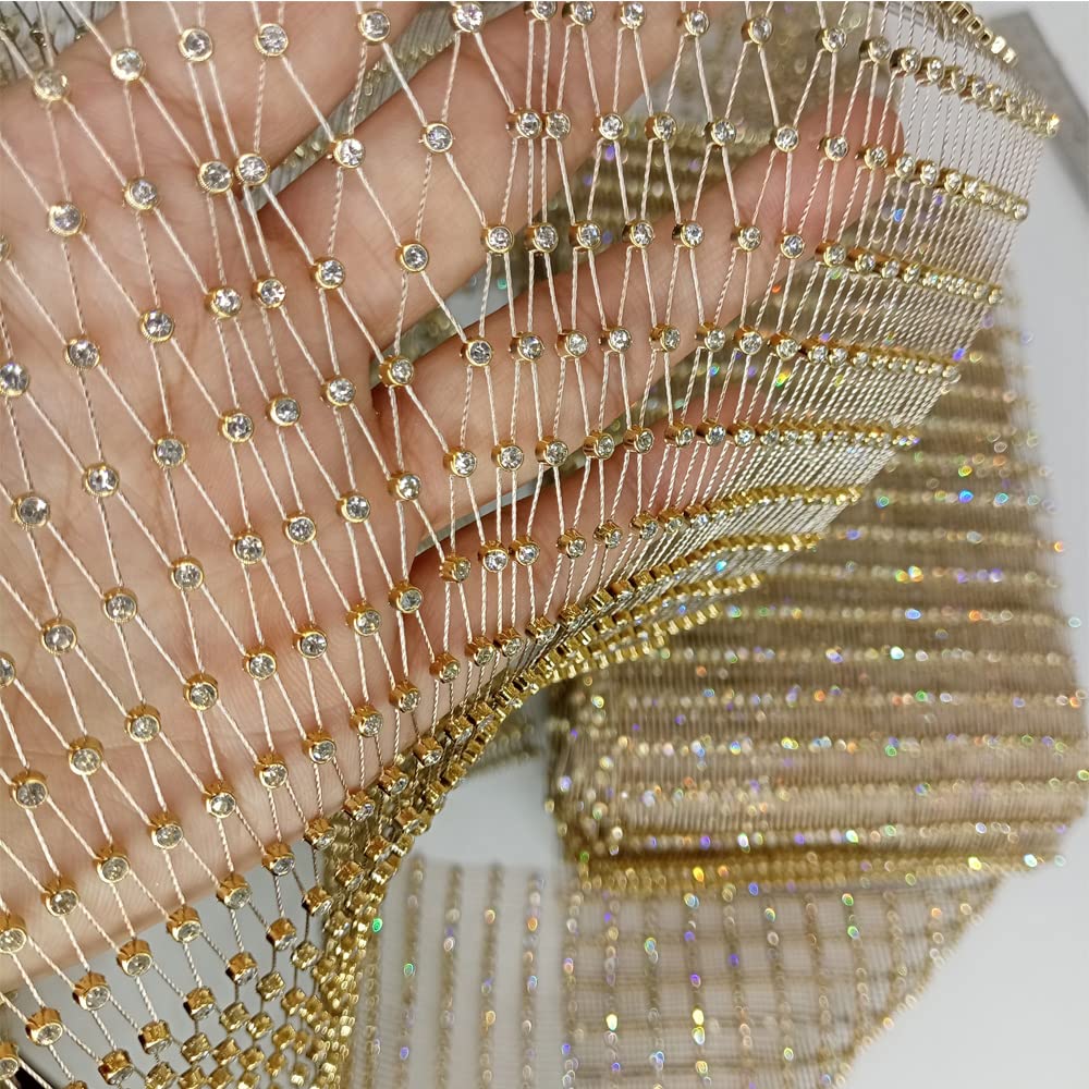 60X90cm Gold Shiny Stretch Crystal Rhinestone Fishnet One Yard Mesh Sheer Cutout Fabric 2023 Ins Popular Designer DIY Dress Mask Decoration (Gold (1 Yard))