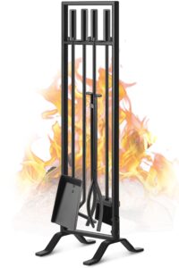 gtongoko premium 5 pcs wrought iron fireplace tools set for outdoor/indoor,fire place set tools include poker,tongs, shovel,brush and stand accessories set,black