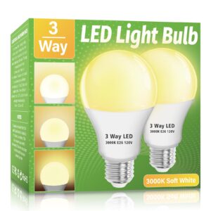 wiyifada 3 way led light bulbs 2 pack, 3 way light bulbs 30 70 100 soft white 3000k,e26 medium base a19 three way light bulbs, indoor 3-way light bulbs for reading