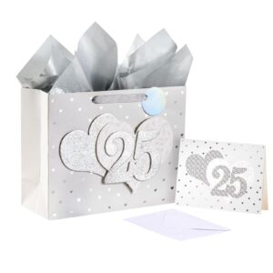 lezakaa 13" wedding gift bag, silver gift bag with tissue paper, gift tag and card - number 25" with heart 3d paster for silver wedding anniversary celebrations