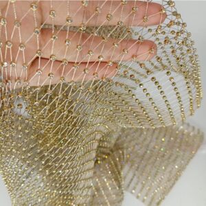 60x90cm gold shiny stretch crystal rhinestone fishnet one yard mesh sheer cutout fabric 2023 ins popular designer diy dress mask decoration (gold (1 yard))