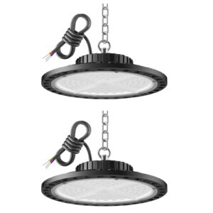 iskydraw 100w ufo led high bay light, 15000lm 2 pack high bay led shop lights no-dimmable, commercial bay lighting 6500k, ip65 high bay led lights for workshop garage warehouse factory barn