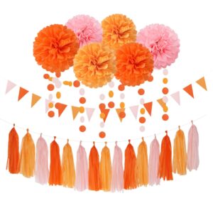 pink-orange groovy party-decorations pom-poms streamers - 23pcs fall autumn thanksgiving harvest tissue tassel garland banner,birthday baby bridal shower engagement wedding decor lasting surprise