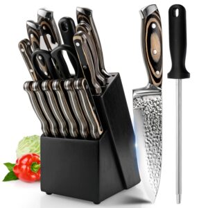 knife sets for kitchen,15-piece hammered desgin knife set with block and sharpener, high carbon stainless steel chef knives with grey triple rivet handle, ultra sharp and dishwash safe