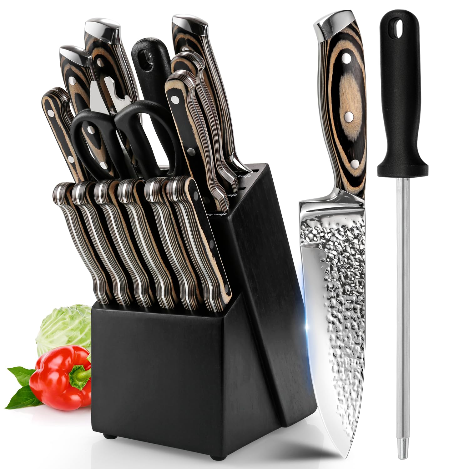 Knife Sets for Kitchen,15-piece Hammered Desgin Knife Set with Block and Sharpener, High Carbon Stainless Steel Chef Knives with Grey Triple Rivet Handle, Ultra Sharp and Dishwash Safe