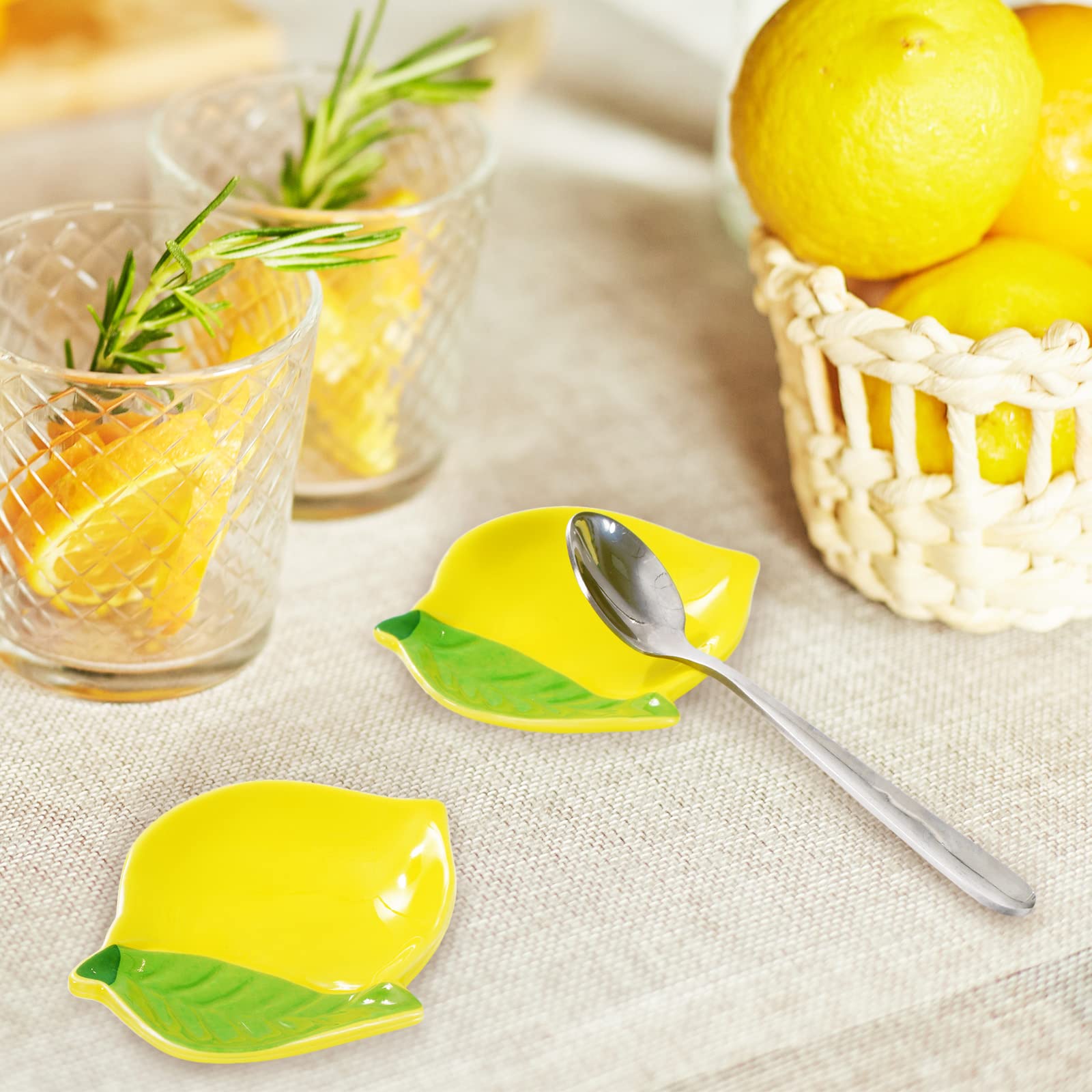 Whaline 4Pcs Lemon Coffee Spoon Rest Summer Ceramic Teaspoon Holder Lemon Shaped Sauce Dishes Dipping Bowl Lemon Ring Dish for Summer Holiday Lemon Party Kitchen Office Home Decor