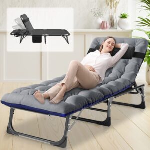 barbella folding lounge chair with mattress, 4 position adjustable folding sleeping bed cot patio chaise lounge chairs perfect for sunbathing, camping, pool, beach, patio