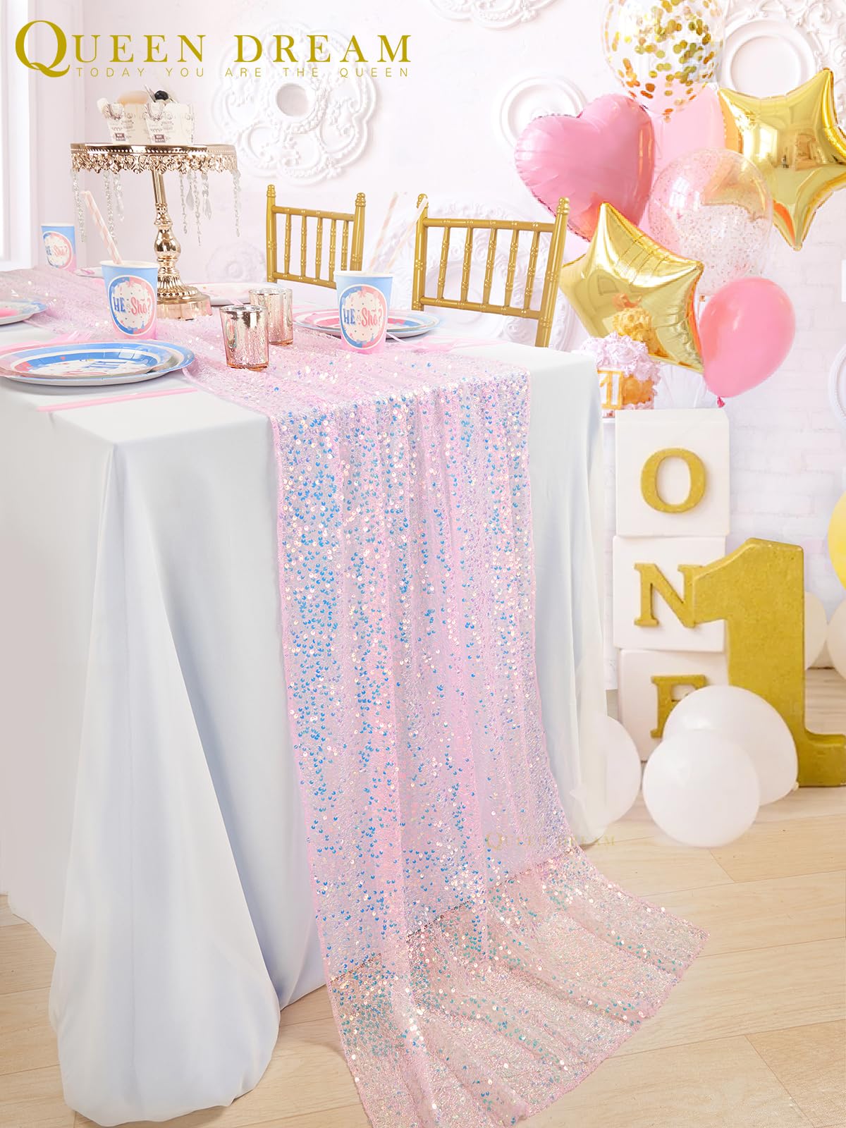 Pink Table Runner 10FT Glitter Iridescent Sequin Table Runner 25x120 Inches for Bridal Baby Shower Girls Birthday Party Sweetheart Table Decorations