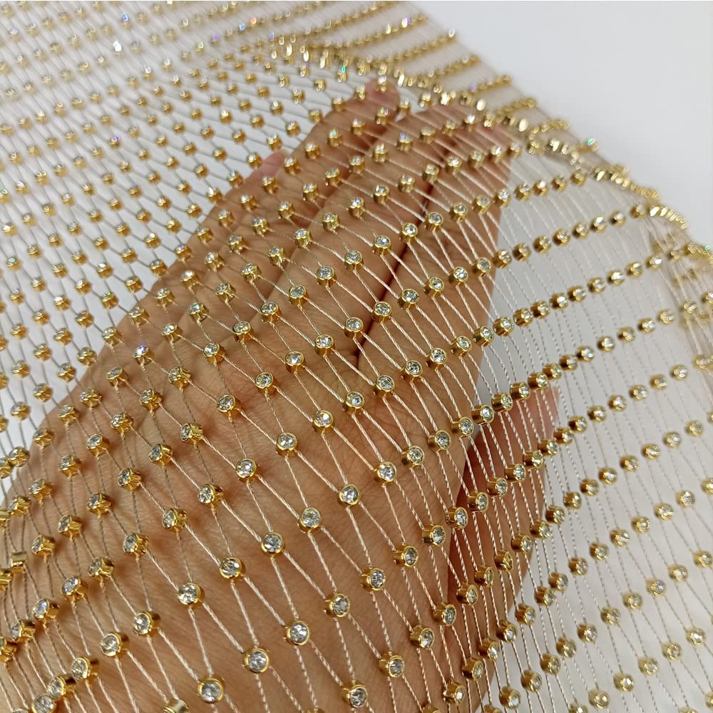 60X90cm Gold Shiny Stretch Crystal Rhinestone Fishnet One Yard Mesh Sheer Cutout Fabric 2023 Ins Popular Designer DIY Dress Mask Decoration (Gold (1 Yard))