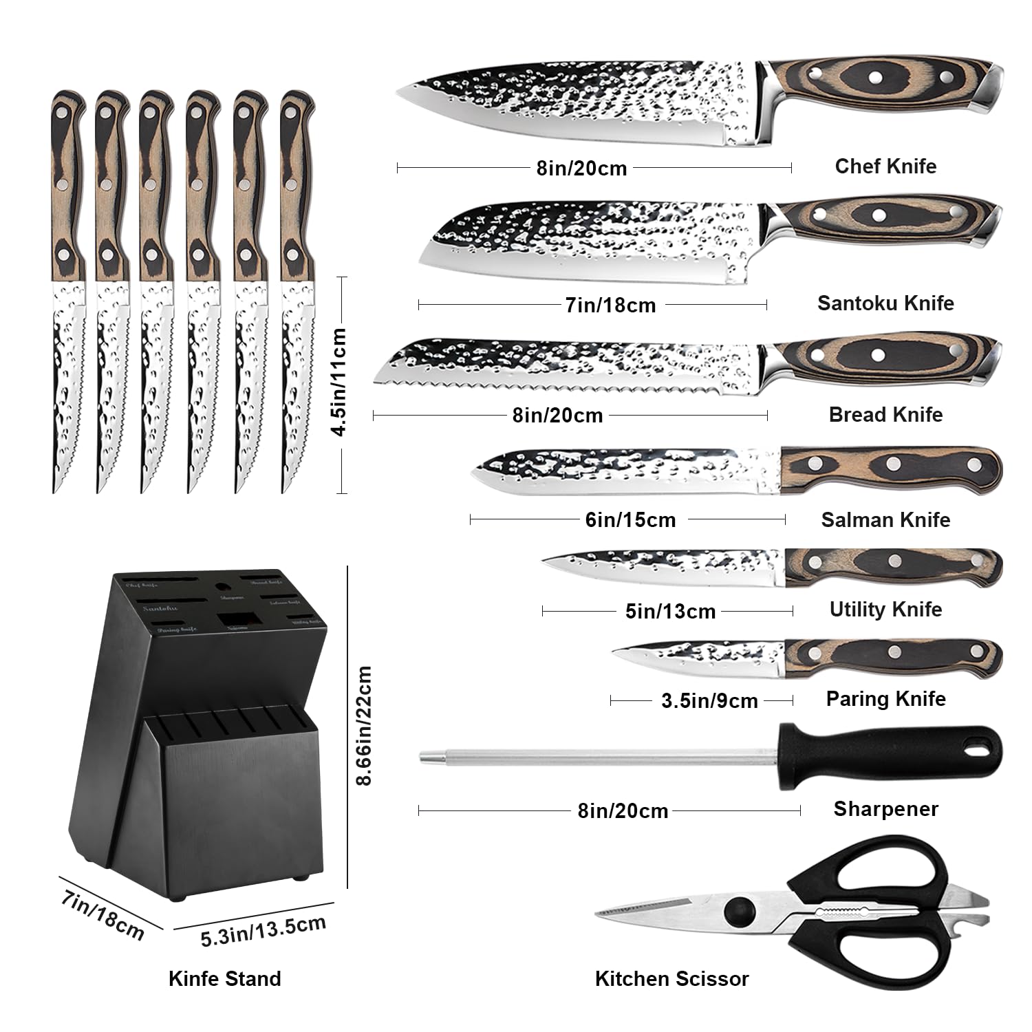 Knife Sets for Kitchen,15-piece Hammered Desgin Knife Set with Block and Sharpener, High Carbon Stainless Steel Chef Knives with Grey Triple Rivet Handle, Ultra Sharp and Dishwash Safe