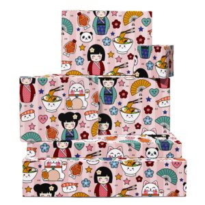 central 23 girls wrapping paper birthday - 6 sheets of pink gift wrap - cute japanese character - for women friends her - sushi ramen - comes with fun stickers