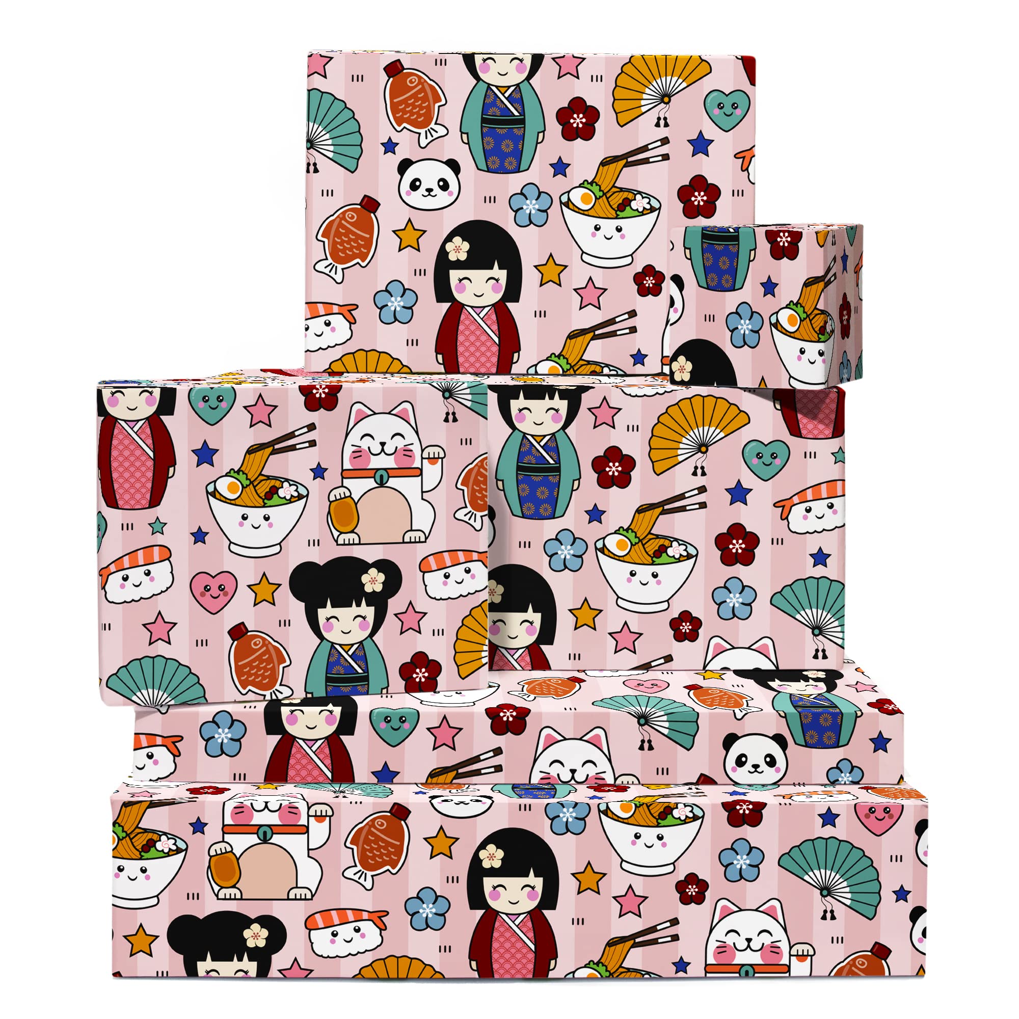 CENTRAL 23 Girls Wrapping Paper Birthday - 6 Sheets of Pink Gift Wrap - Cute Japanese Character - For Women Friends Her - Sushi Ramen - Comes with Fun Stickers