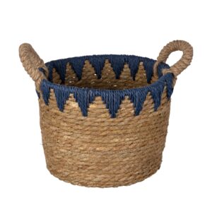 stratton home decor woven straw decorative storage basket | rustic wicker basket for storing essentials | natural colored blanket basket with blue details | 10.0”x10.0”x10.0”