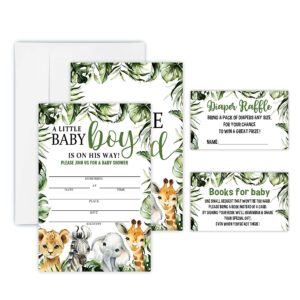 baby boy baby shower invitation set - greenery animals theme - 25 invites & envelopes，25 dipaer raffle tickets & 25 book request cards - gender reveal party supplies -tz-a06