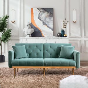 convertible velvet futon sofa bed, upholstered loveseat sleeper couch with 3 reclining angles and 2 pillows, modern living room sofa couch with 5 solid metal legs for guest room, office, mint green