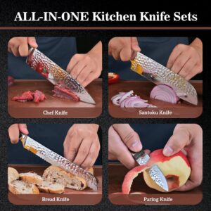 Knife Sets for Kitchen,15-piece Hammered Desgin Knife Set with Block and Sharpener, High Carbon Stainless Steel Chef Knives with Grey Triple Rivet Handle, Ultra Sharp and Dishwash Safe