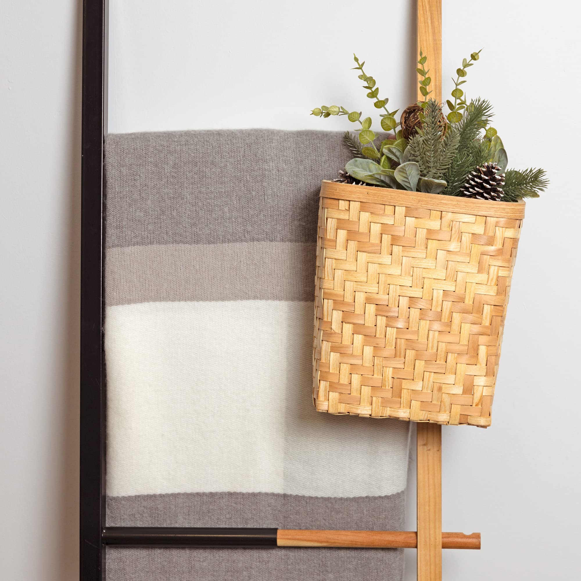 Stratton Home Decor Modern Farmhouse Woven Wall Basket with Faux Leather Handle - Stylish Storage for Books, Magazines, Blankets - Rustic Accent Piece for Living Room, Bedroom, Entryway, Hallway