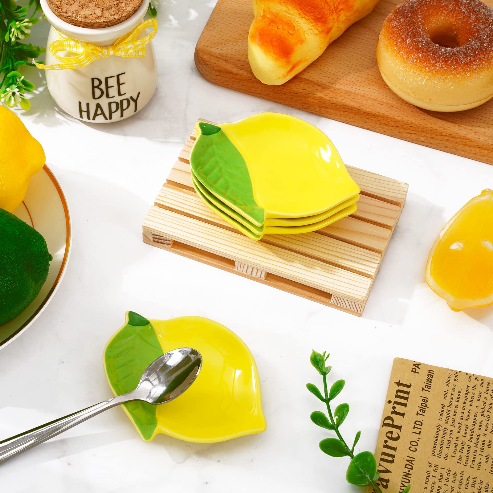 Whaline 4Pcs Lemon Coffee Spoon Rest Summer Ceramic Teaspoon Holder Lemon Shaped Sauce Dishes Dipping Bowl Lemon Ring Dish for Summer Holiday Lemon Party Kitchen Office Home Decor