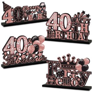 4pcs 40th birthday decorations wooden table centerpieces for women, rose gold pink 40th birthday table sign party supplies, hello forty cheers to 40 years bday table decor